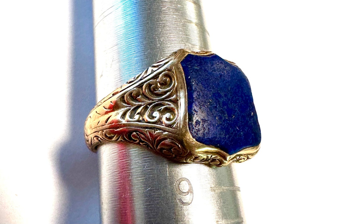 14k Antique Ring-shield Shaped Lapis, Gorgeous Hand Engraved Victorian ...