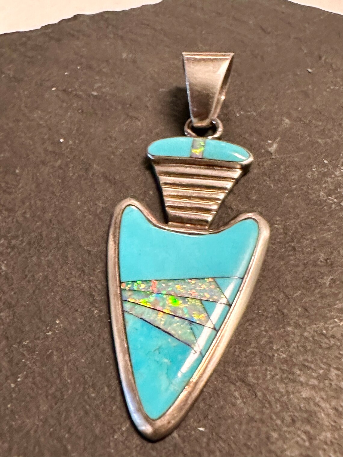 Sterling Turquoise Arrow Head Pendant Inlaid With Flashes of Fiery ...