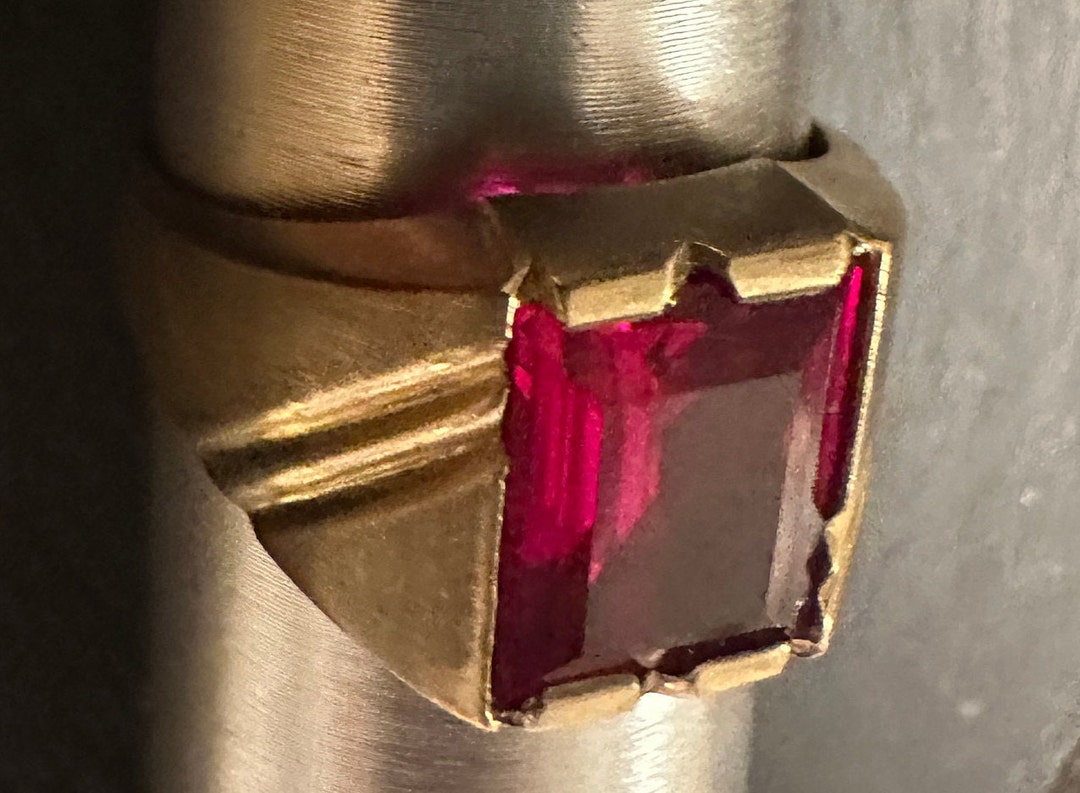 10k Man Made Rectangular Red Ruby Ring-clean Modern Lines. Size 7 1/4 ...