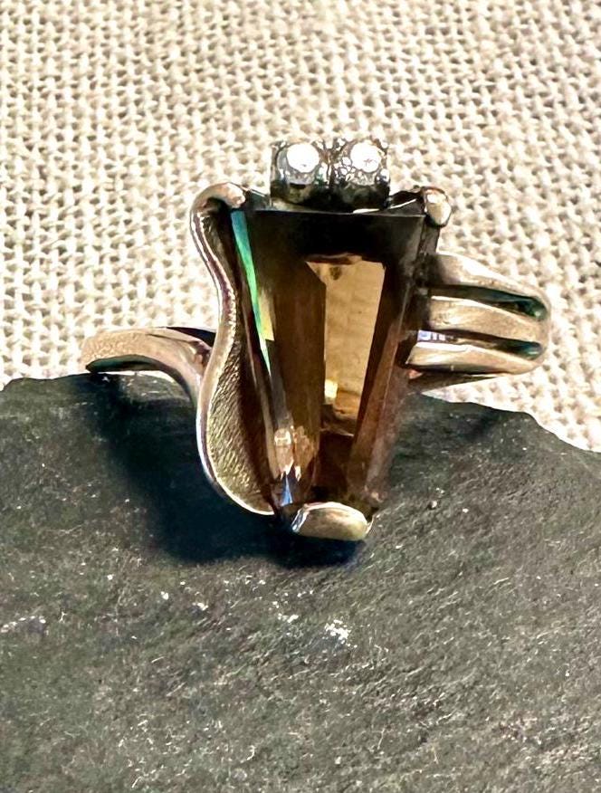10k Ring , 1950s, Smokey Quartz and Diamond-whimsical Delightful Design ...