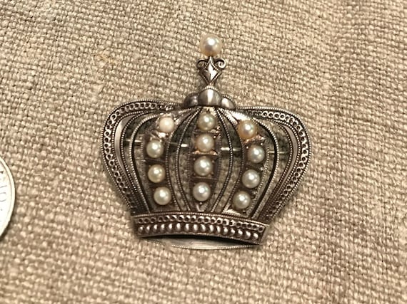 Silver vintage pearl crown brooch-Japanese Mid Century - Gem