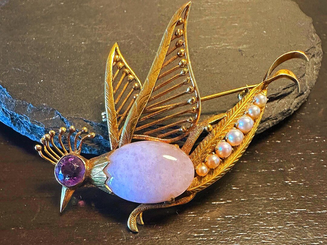 14k Brooch-hand Fabricated Vintage Fantasy Bird, Lavender Jade ...