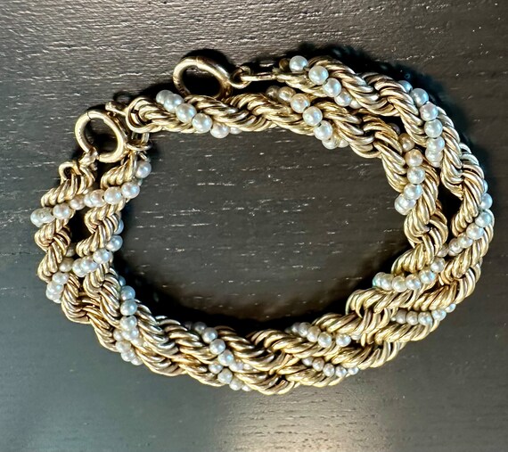 14k mid century twisted rope chain with genuine pearl… - Gem