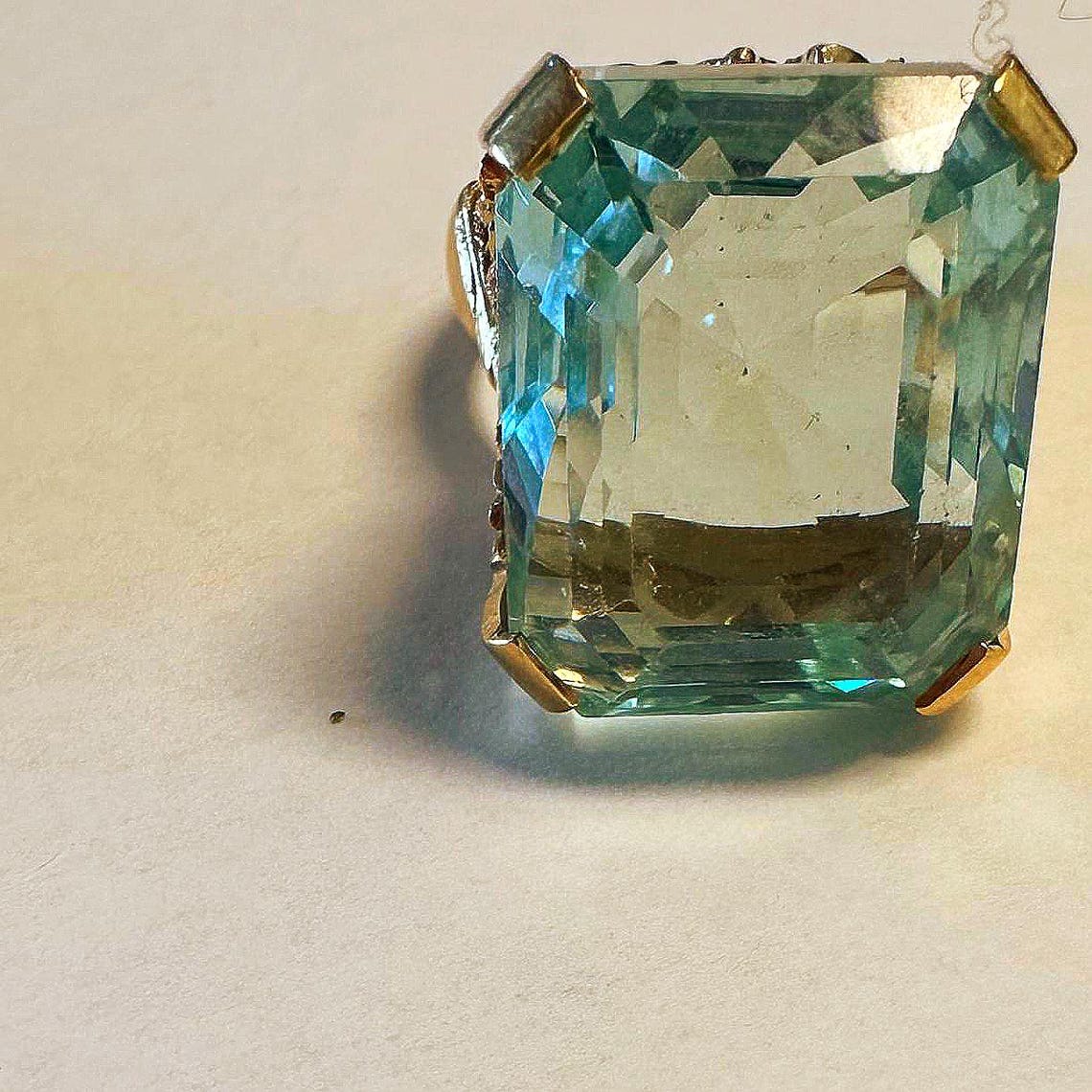 14k Ring Large Aqua Colored Stone, Mid Century Hand Fabricated ...