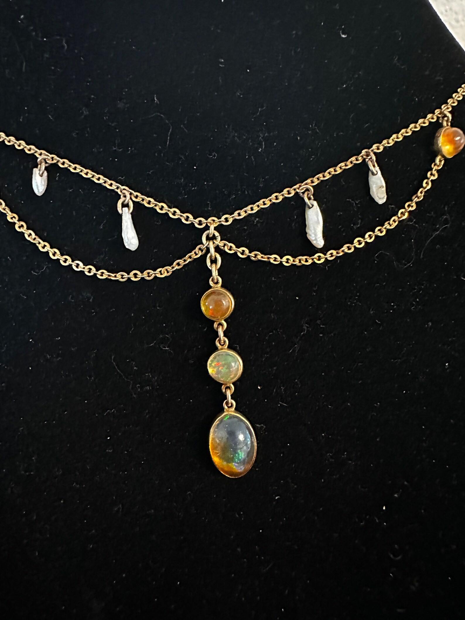 10k Antique Natural Opal and Dog Tooth Pearl Festoon Necklace-rare ...