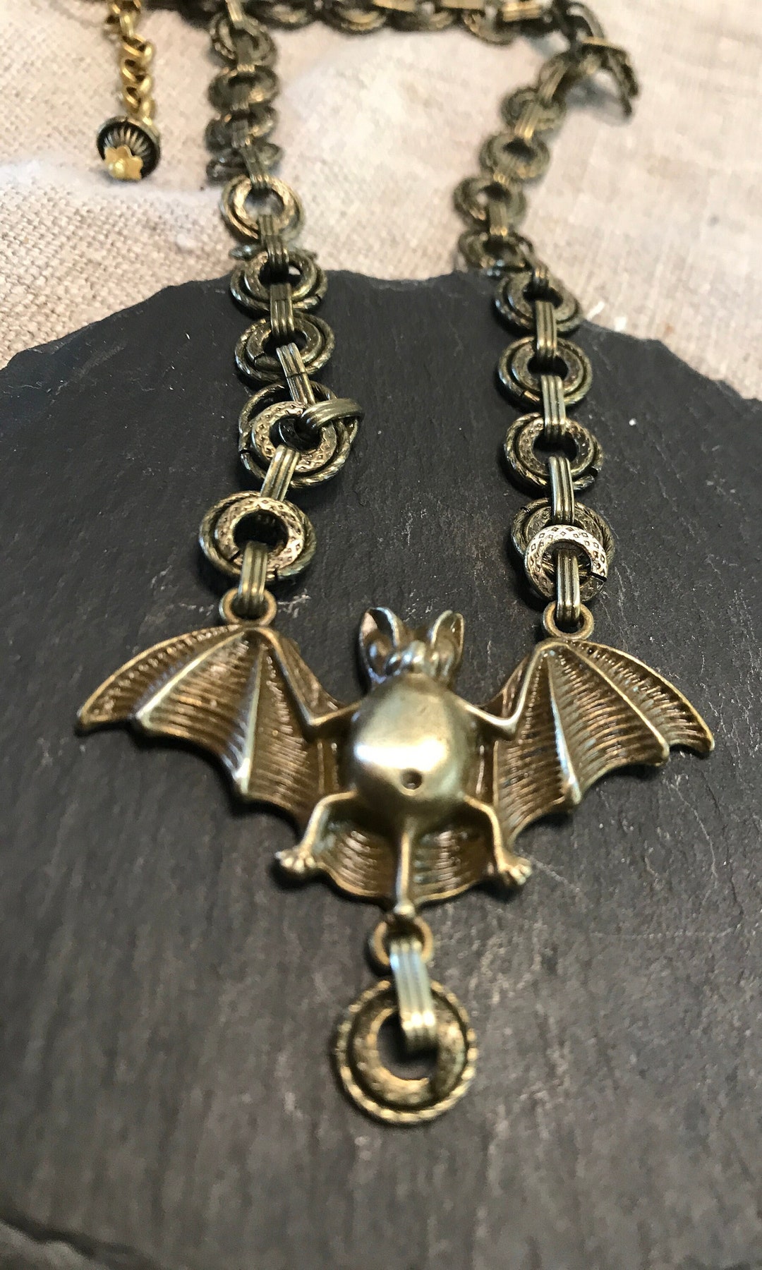 Halloween---bat Vintage Brass Designer Necklace-great Chain. -16", 2 ...
