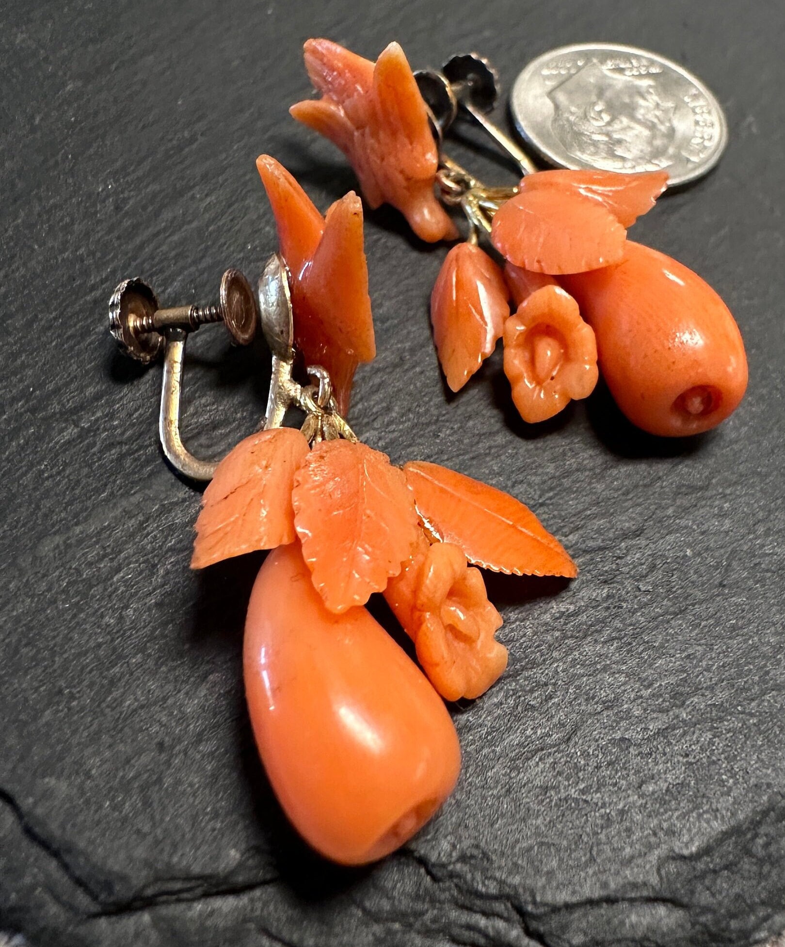 Victorian Carved Salmon Coral Bird and Fruit Drop Screw Back - Etsy