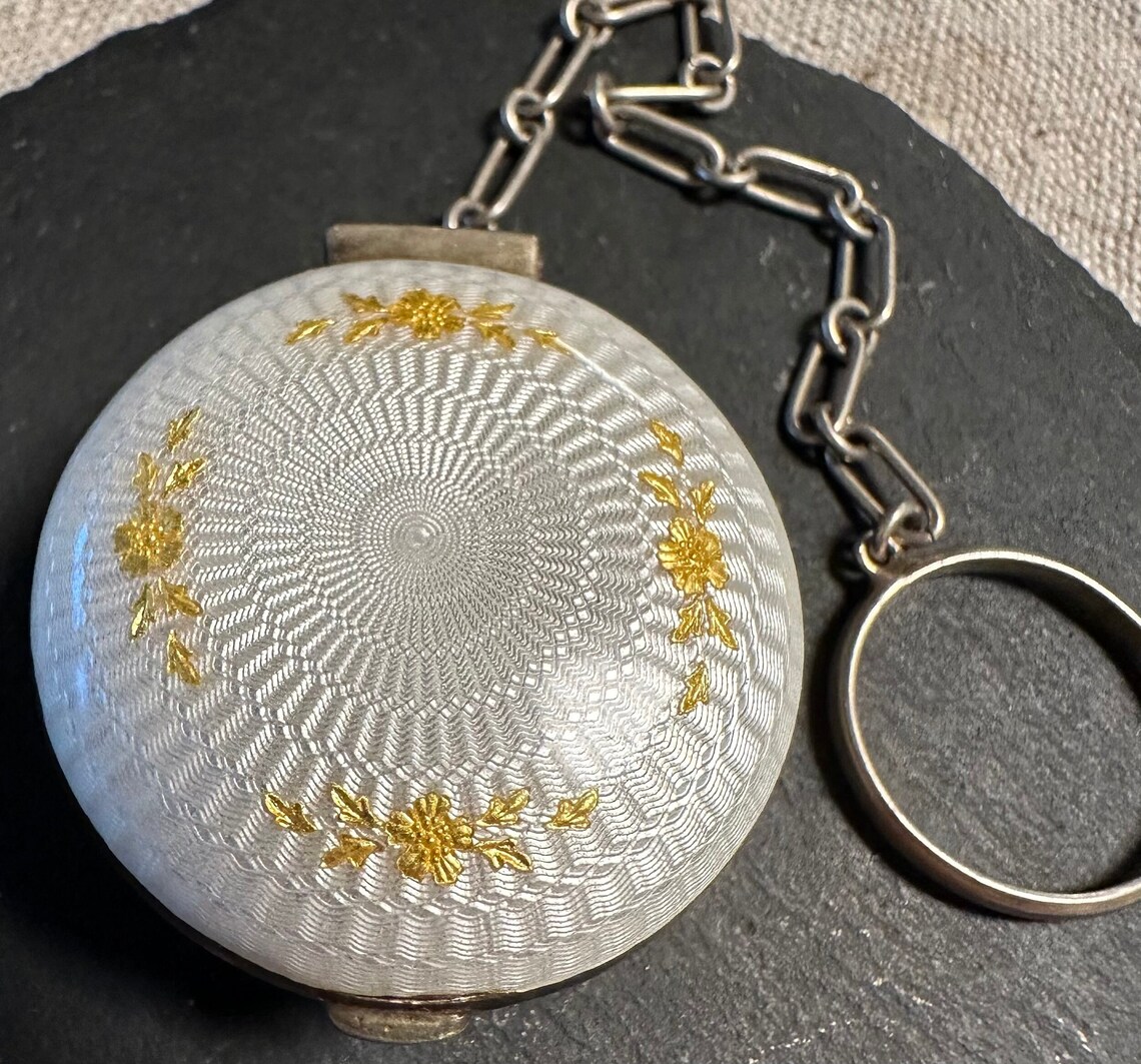 Sterling Compact- With Finger Ring Chain-white Guilloch Enamel Both ...