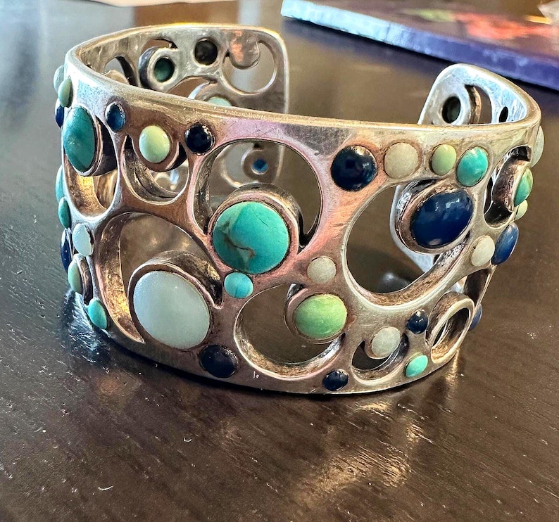 Sterling Wide Cuff Bracelet, Innovative Artistic Design With Turquoise ...