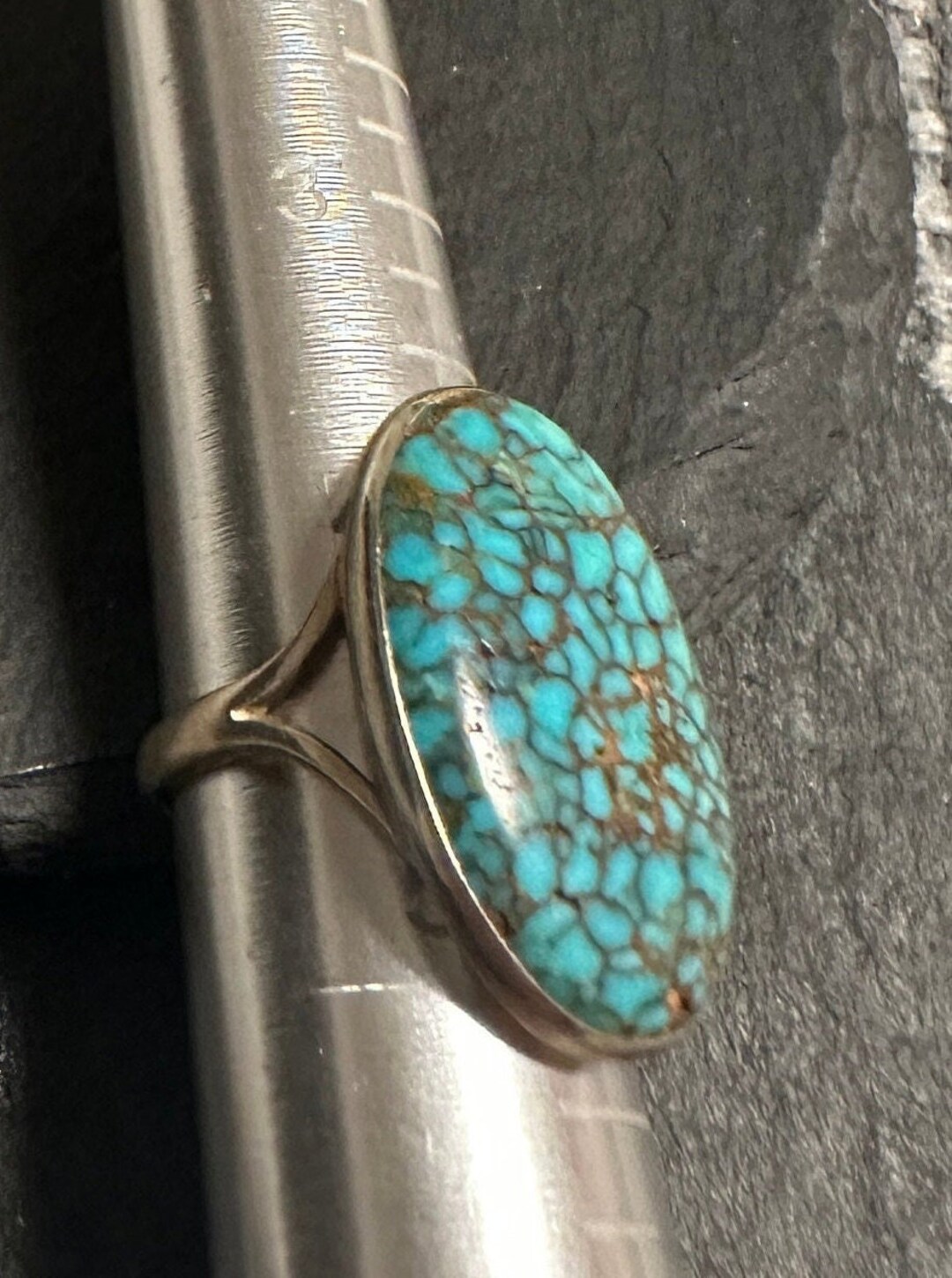 14K Ring-custom Large Oval Spider Web Turquoise, Clean Smooth Bezel Set ...