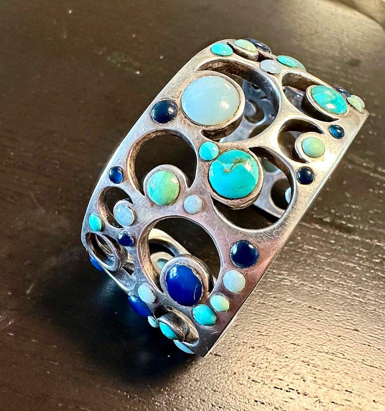 Sterling Wide Cuff Bracelet, Innovative Artistic Design With Turquoise ...