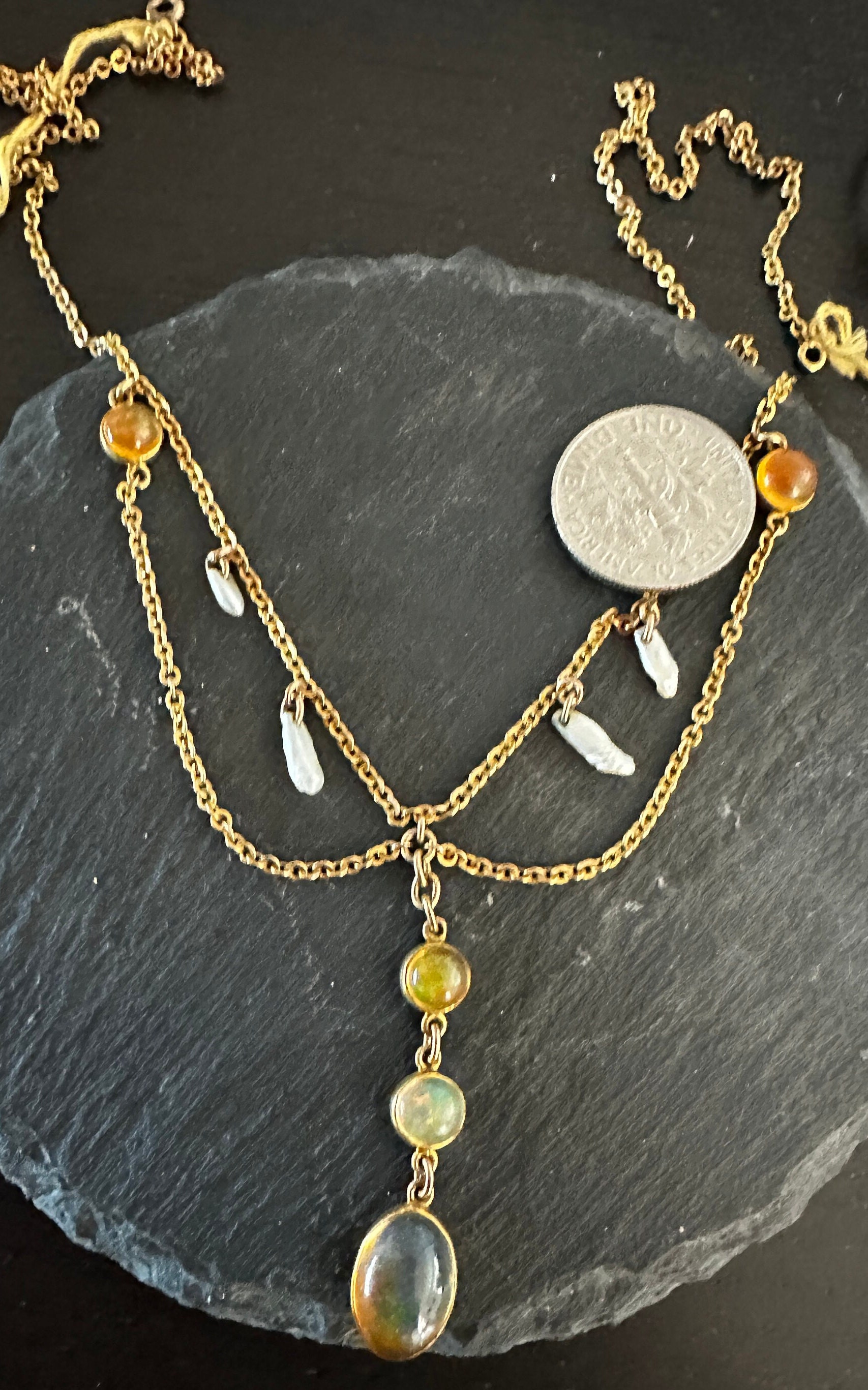 10k Antique Natural Opal and Dog Tooth Pearl Festoon Necklace-rare ...
