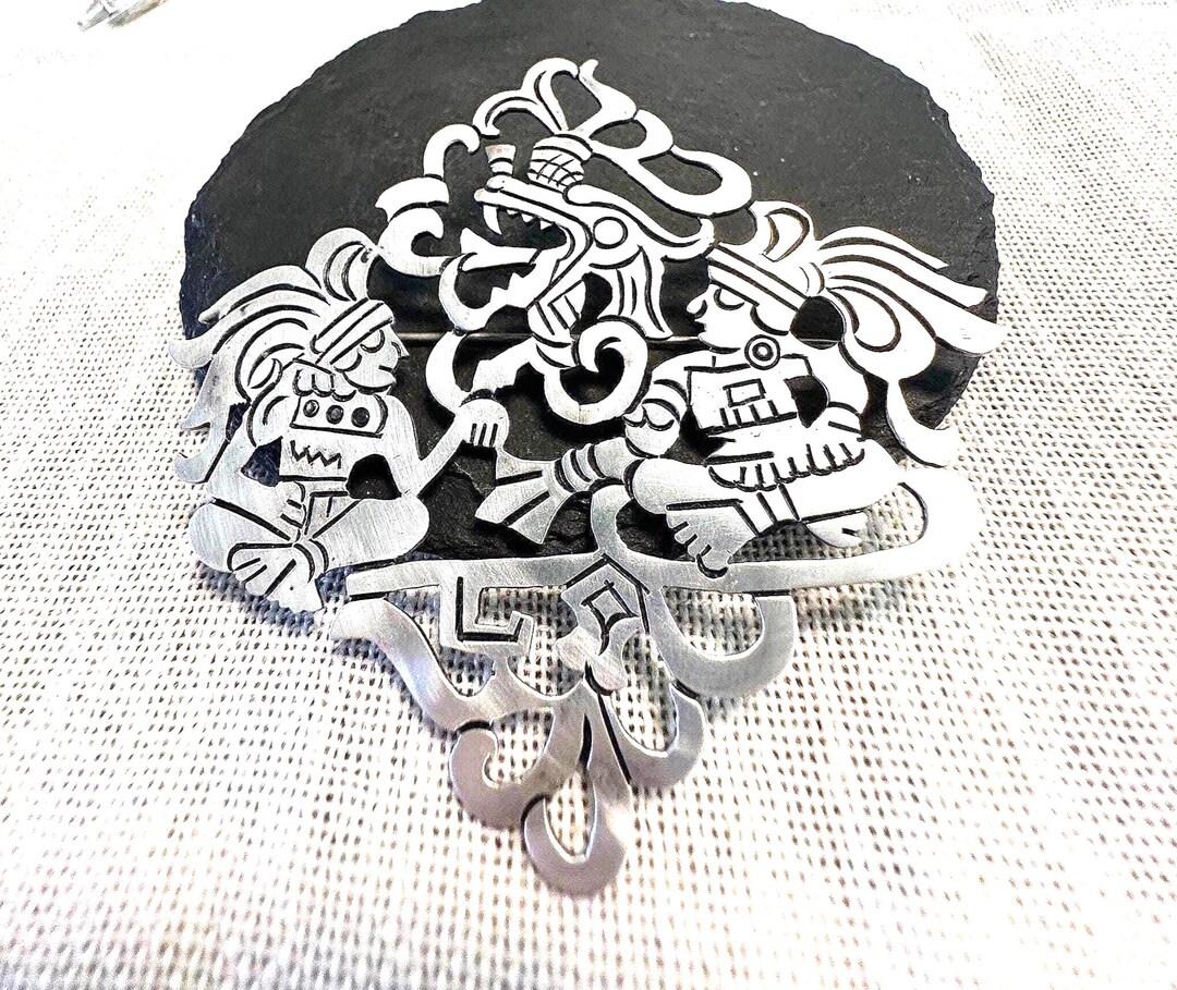 Sterling Large(3") Pin Early Mexican Aztec, Mayan Warriors Fighting the ...