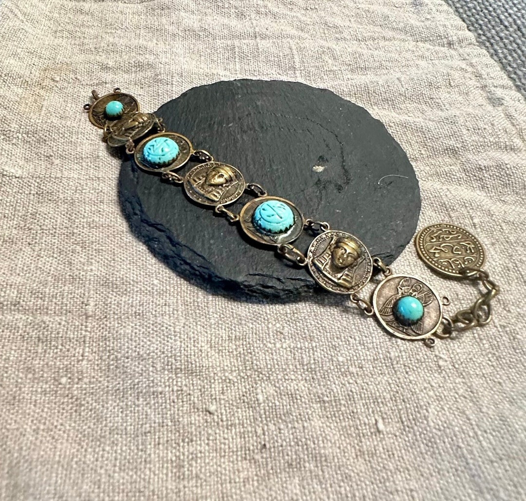 Egyptian Revival Pharos Blue Art Glass Brass Link Bracelet-length 7 3/4 ...