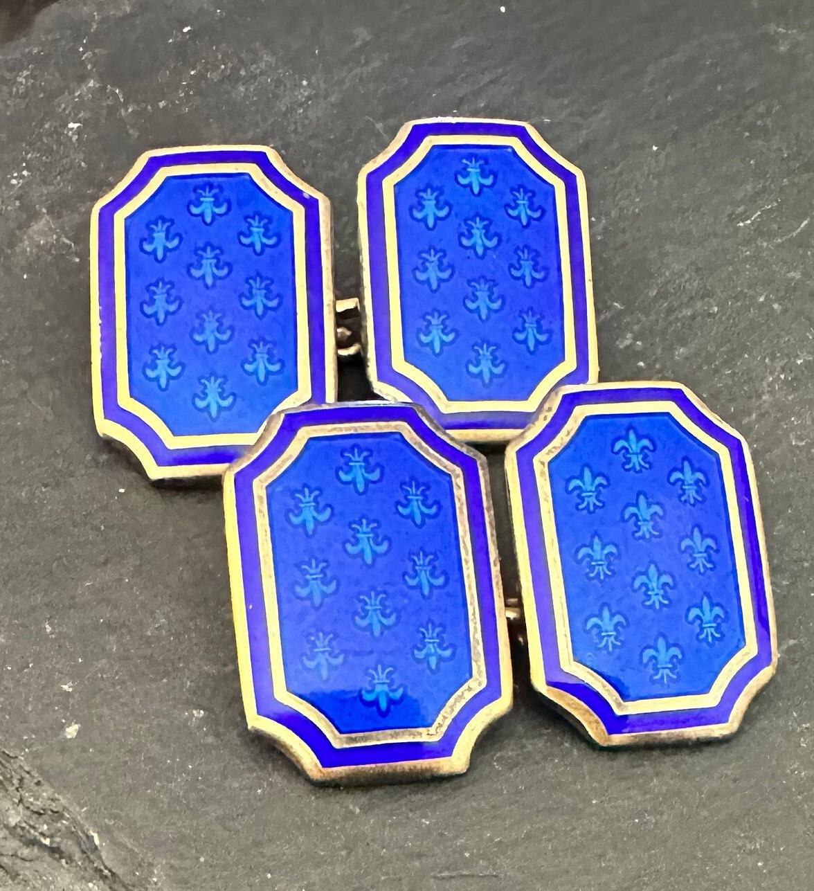 Sterling Gilt Cufflinks-double Sided-rich Royal Blue Vitreous Guilloch ...