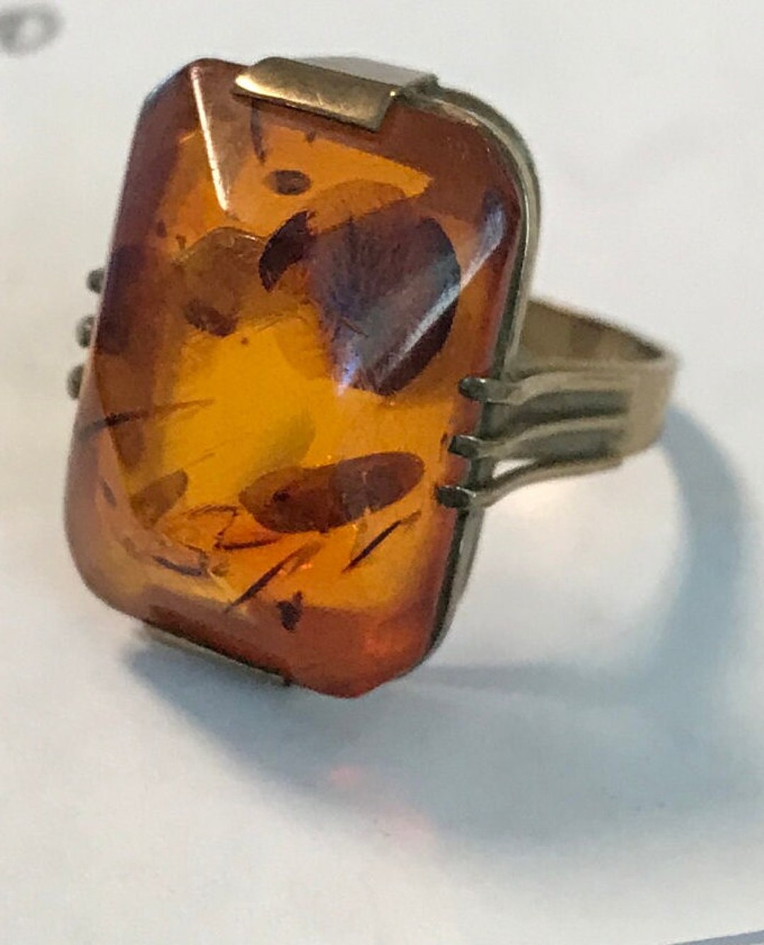 Deco Amber Faceted Rectangular Unusual Silver Gilt Ring- Size 8 - Etsy