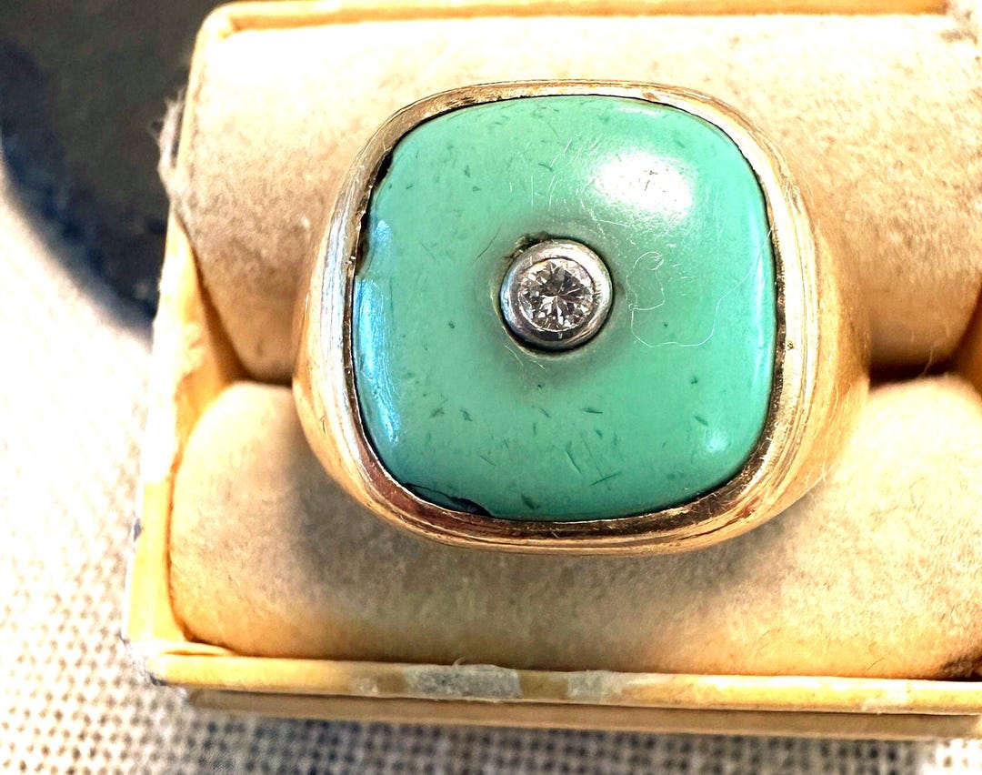 14k Turquoise Diamond Ring-hefty Antique Size 9 3/4 - Etsy