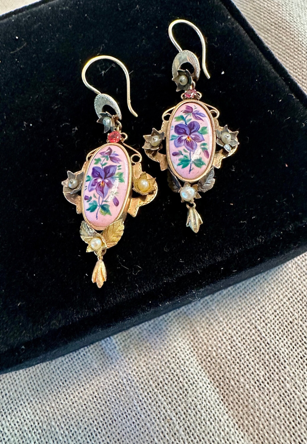 Gold Victorian Drop Earrings Enameled Violets Pearls Tourmaline Sweet ...