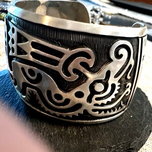 Sterling Cuff Mexican Mid Century-wide Hopi Looking Raised Quetzalcoatl ...