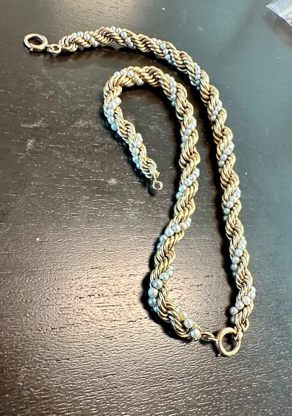 14k mid century twisted rope chain with genuine pearl… - Gem