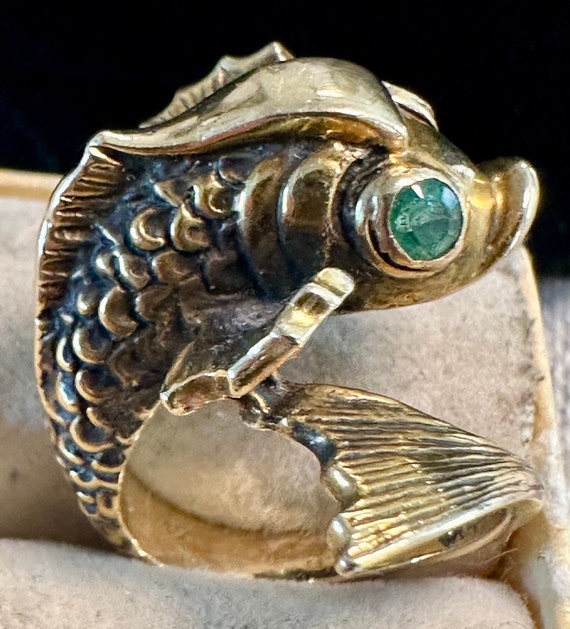 14k Dolphin ring, Exceptional design with genuine Eme… - Gem