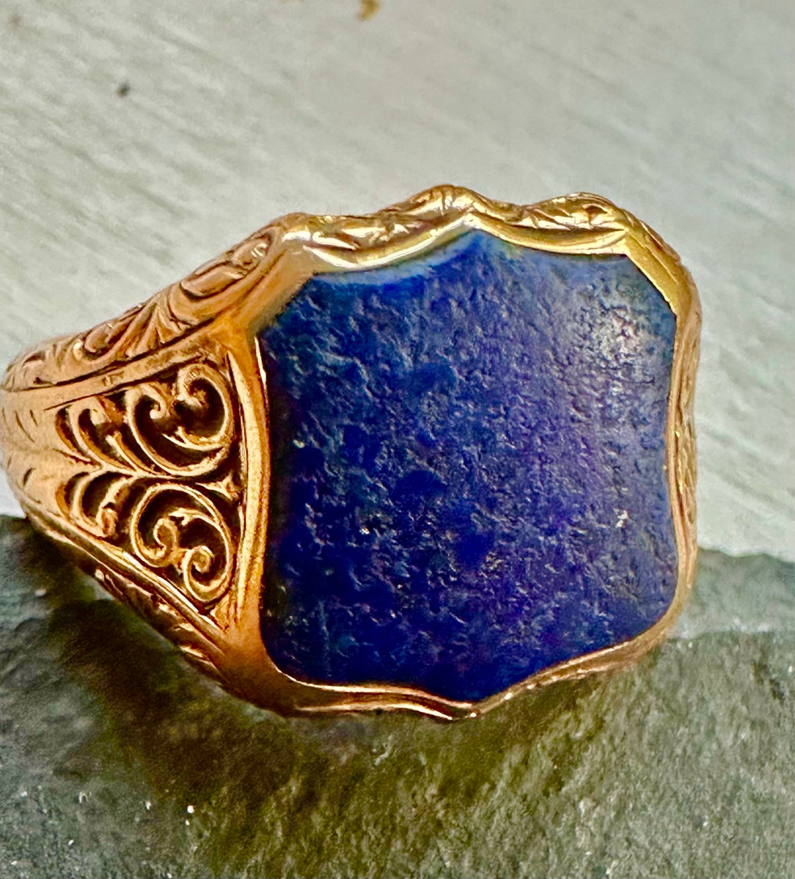 14k Antique Ring-shield Shaped Lapis, Gorgeous Hand Engraved Victorian ...