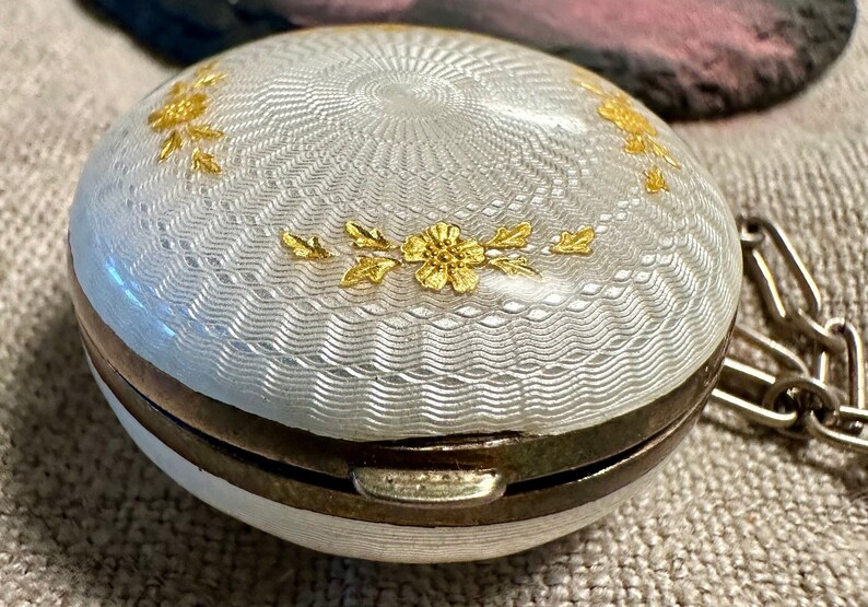 Sterling Compact- With Finger Ring Chain-white Guilloch Enamel Both ...
