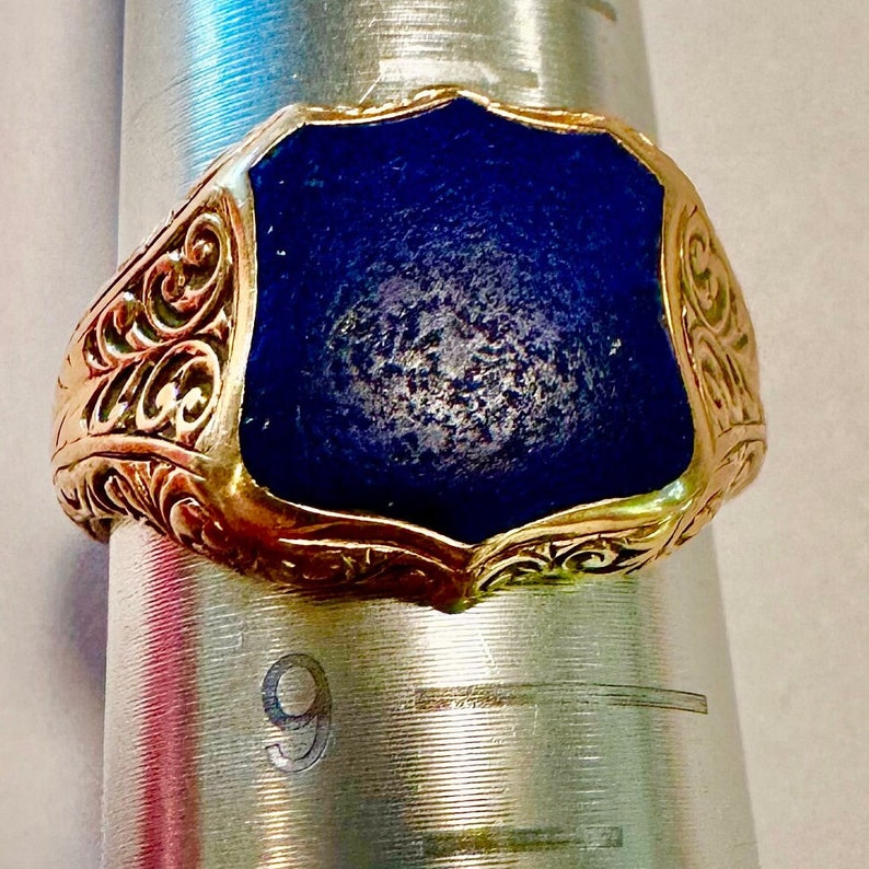 14k Antique Ring-shield Shaped Lapis, Gorgeous Hand Engraved Victorian ...