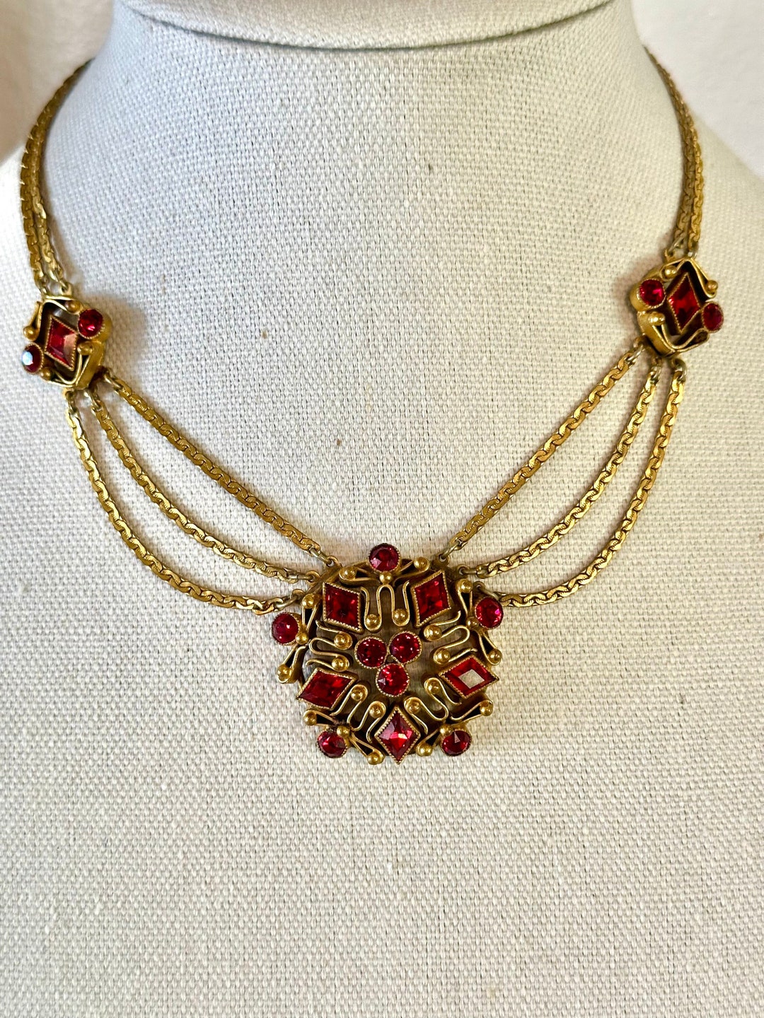 Swag Necklace- Hand Fabricated Red Paste Early Czech Necklace-rare and ...