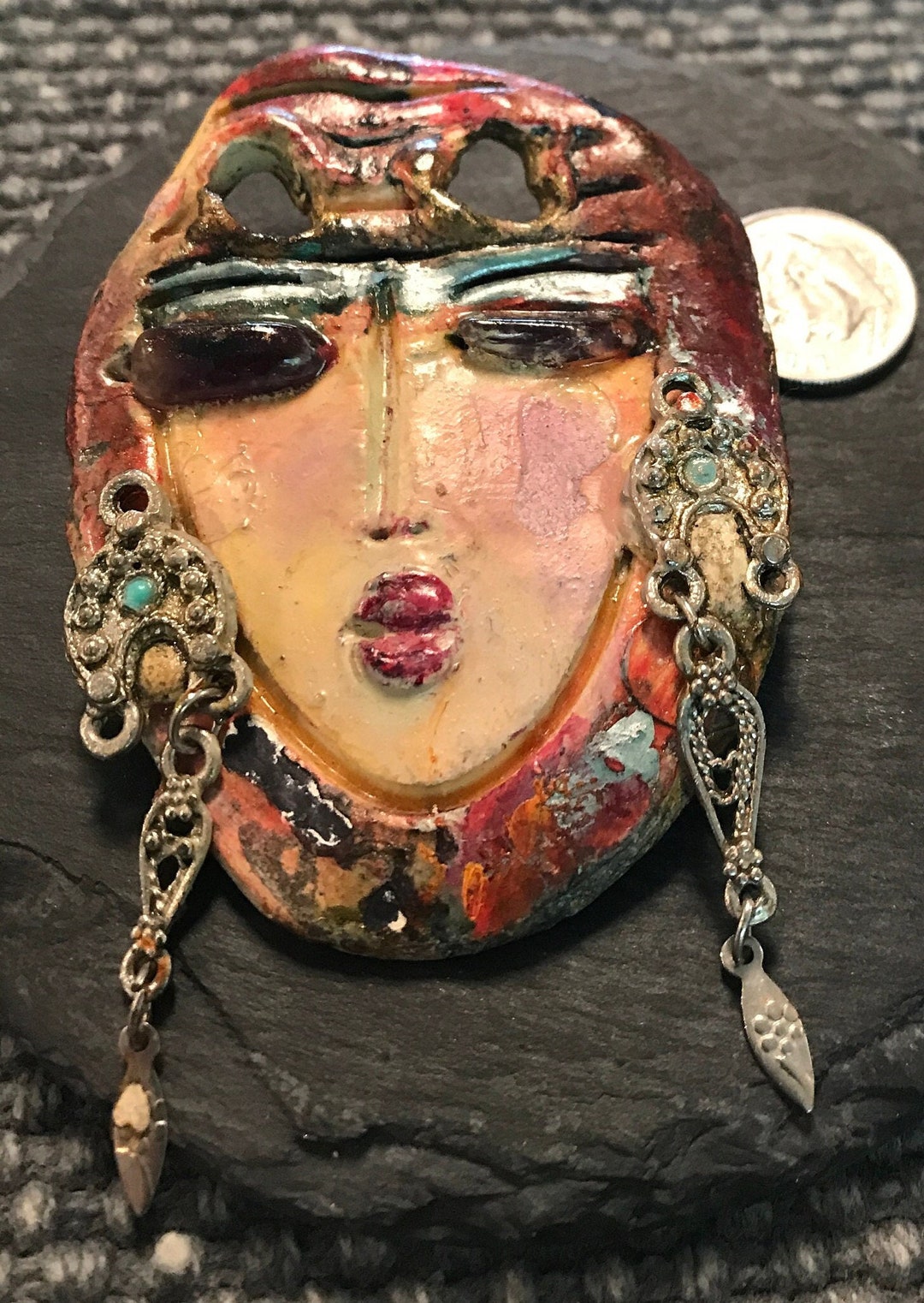 Vintage Artist Made Woman Face -sculptured Ceramic One of a Kind Brooch ...