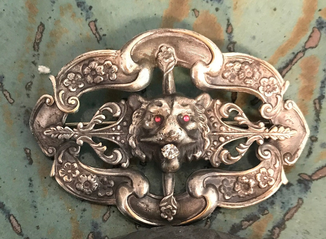 Lion Jeweled Large Brass Sash Brooch-lion Head in High Relief - Etsy