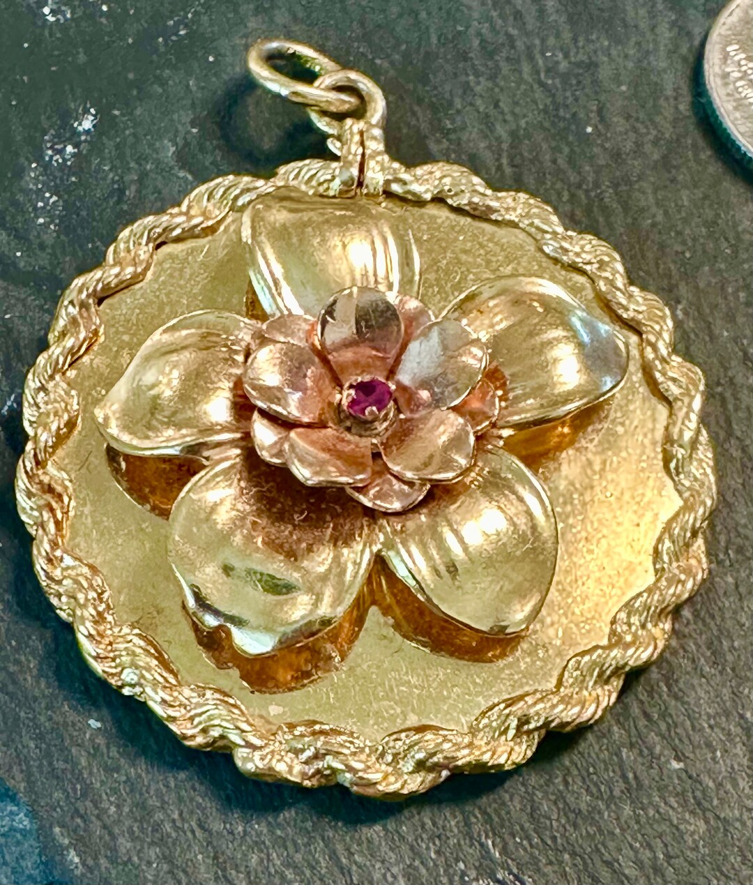 14k Solid Gold Jeweled Large Sculptural Flower Charm, Ruby, Top Gold ...