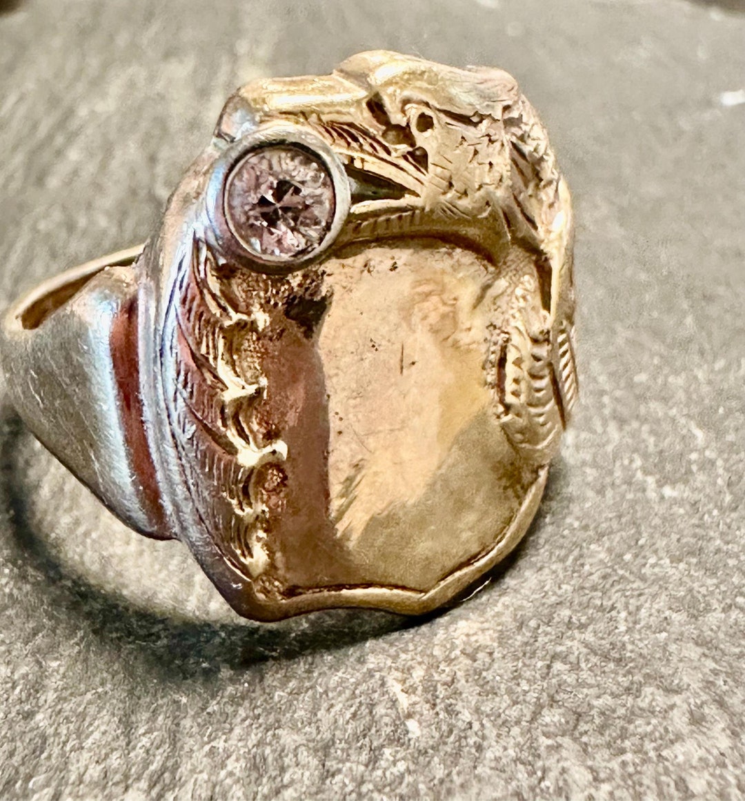 14k Signet Ring Rare Griffin Grasping a Diamond With His Mouth Dated ...