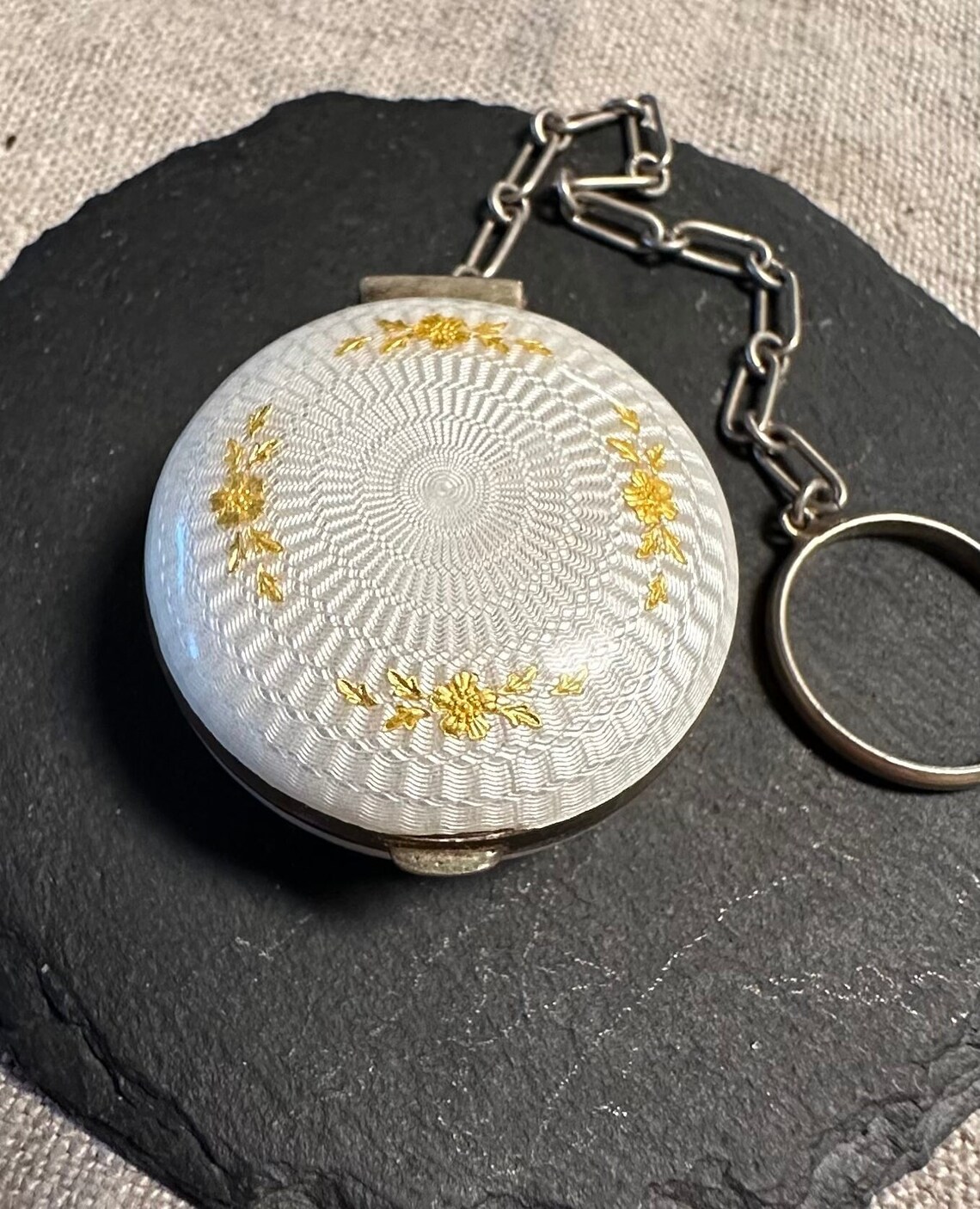 Sterling Compact- With Finger Ring Chain-white Guilloch Enamel Both ...