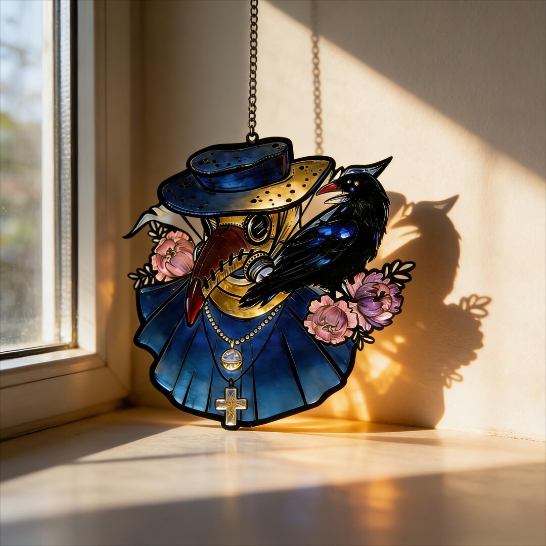 Gothic Plague Doctor & Raven Stained Glass Suncatcher, Unique Dark ...