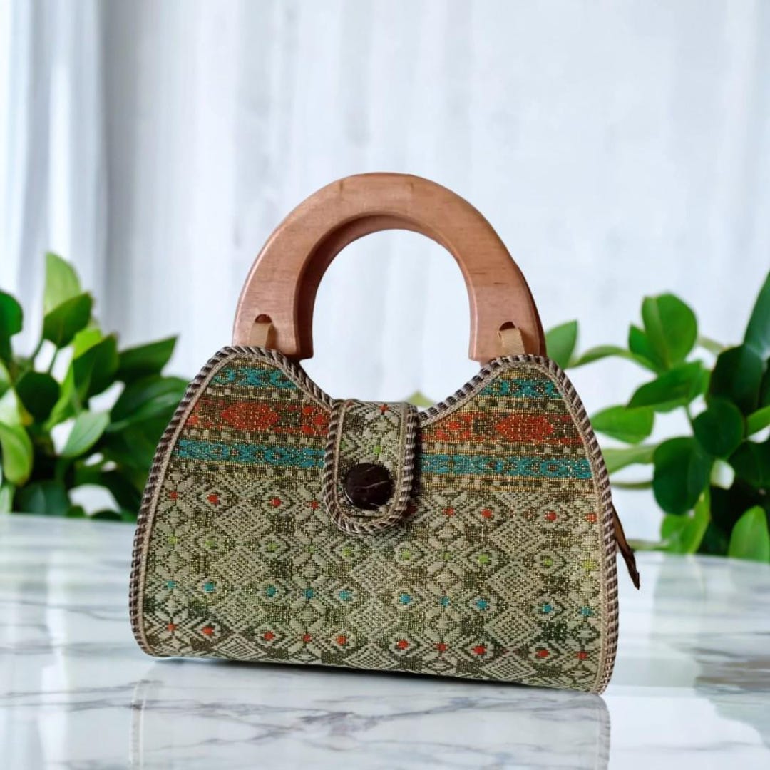 Handwoven Songket Bag With Wooden Handle, Indonesian Ethnic Purse ...
