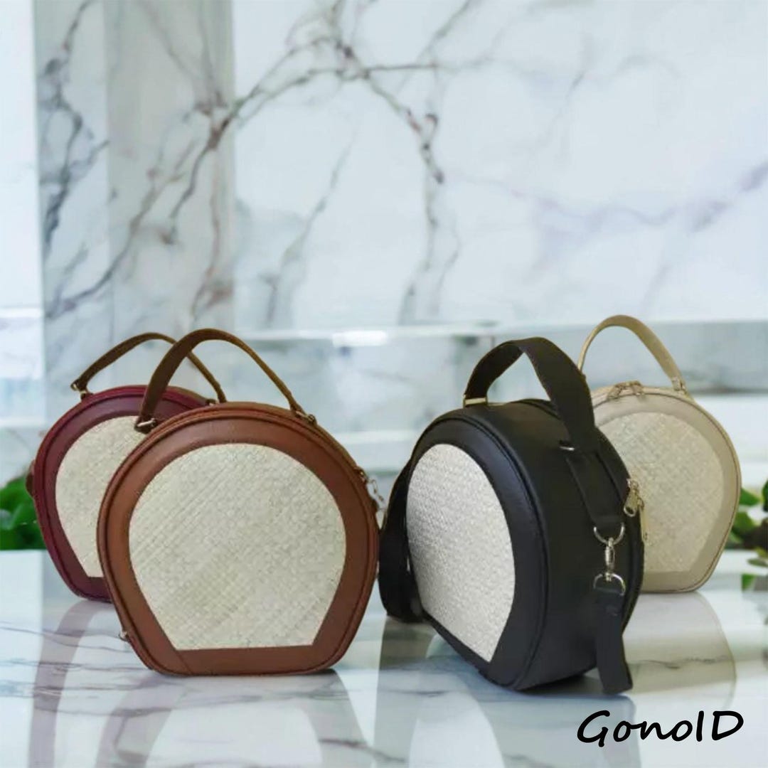 Handcrafted Pandan Circle Bag, Colorful Woven Purse With Leather Trim ...