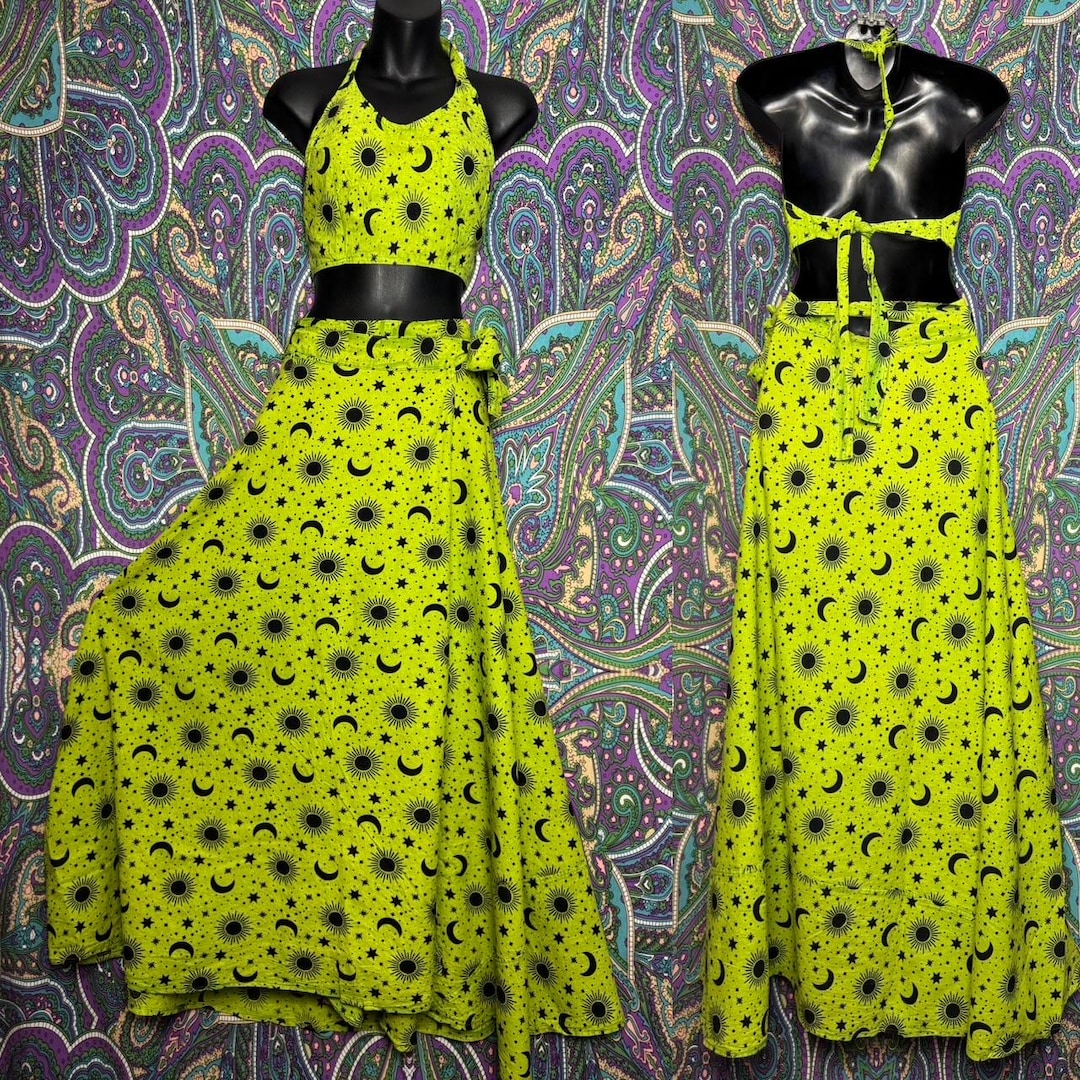 Lime Sun Moon Stars Halter Maxi Set Wrap Skirt, Halter Top, Hippie ...