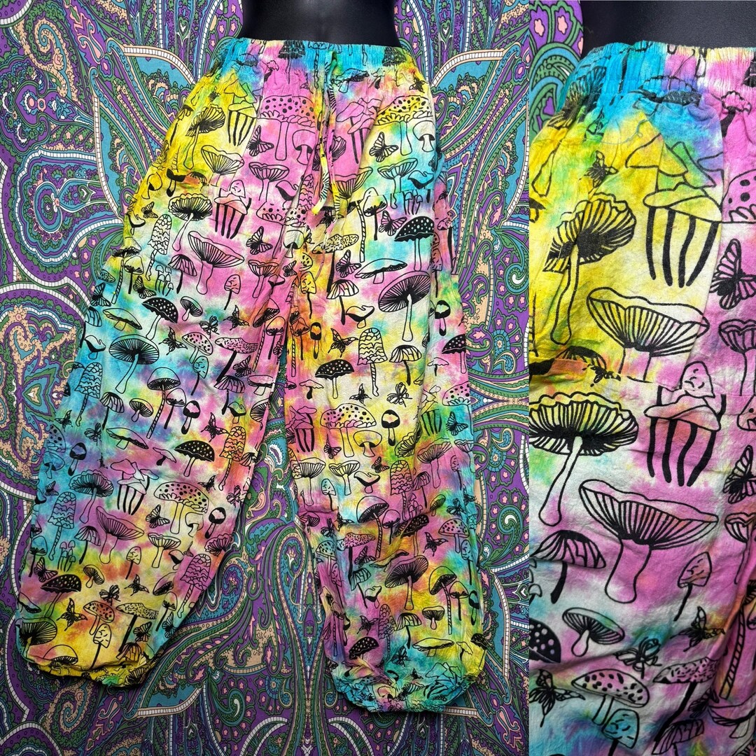 Shrooms Tie Dye Pocket Pants Mushrooms Cotton Pattern Unisex Hippy ...