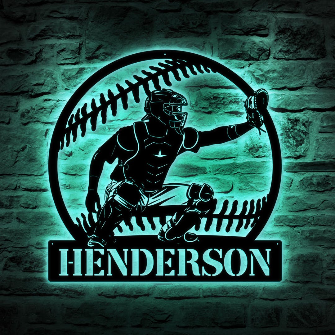 Personalized Baseball Catcher Metal Sign With LED Lights for Room Decor ...