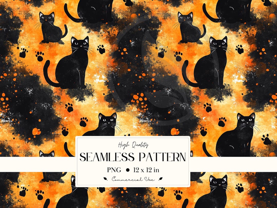 Halloween Black Cat Seamless Pattern, Spooky Cat, Fall , Digital ...