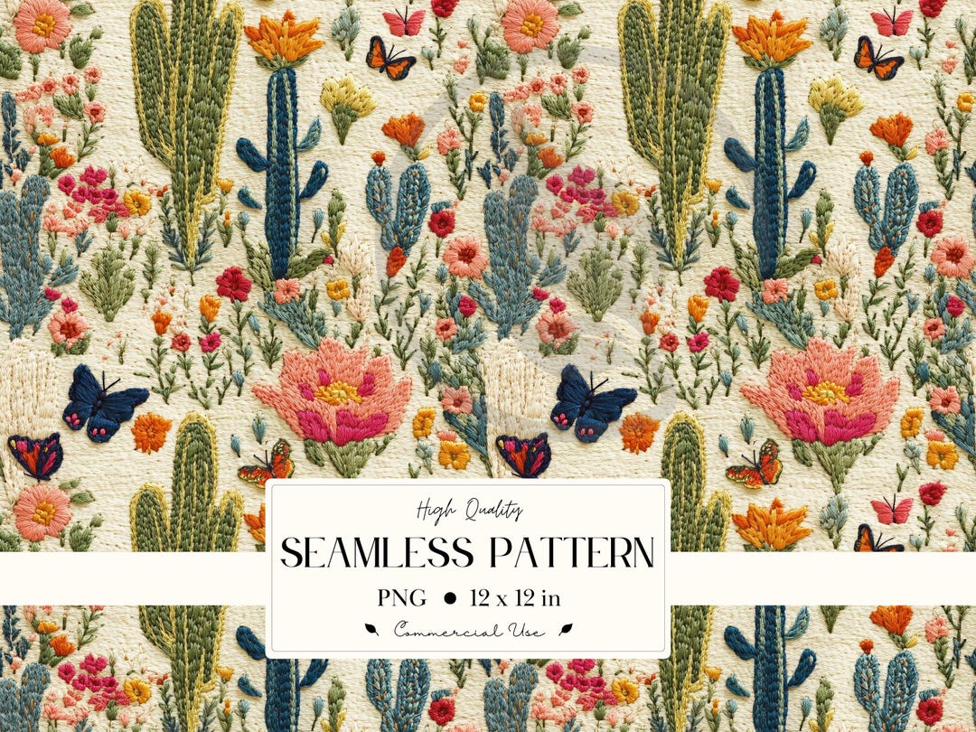 Embroidery Style Pattern Blooming Cacti for Spring Crafts and Fabric - Etsy