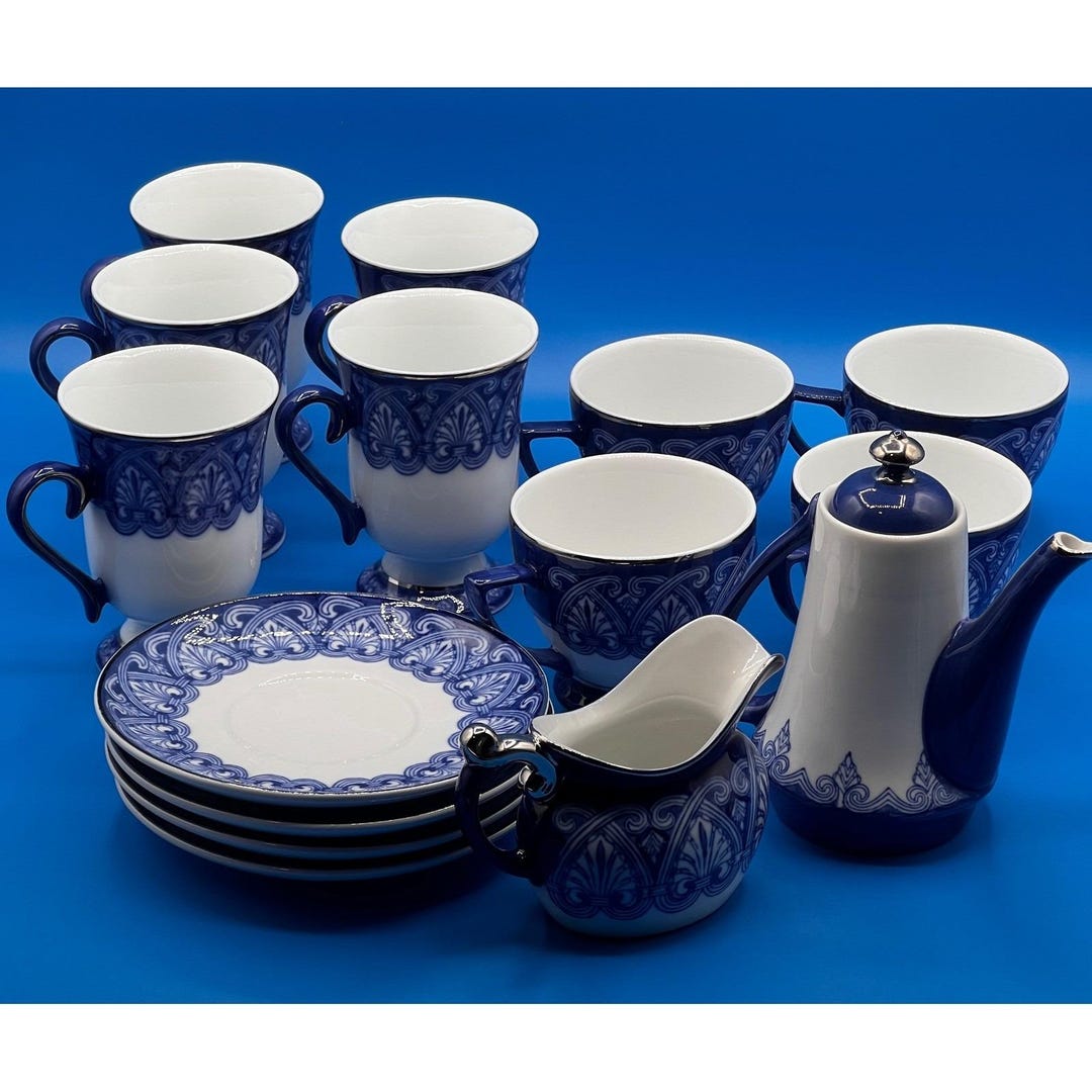 Bombay Co Tea Set of 15 Arabesque Tile Pattern, Teapot, Cups, Saucers ...