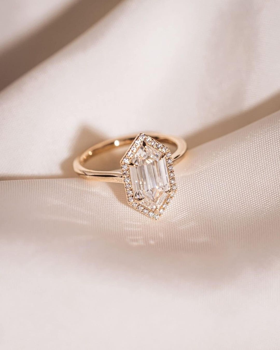 Elongated Hexagon Step Cut Moissanite Halo Engagement Ring, 14K Gold ...