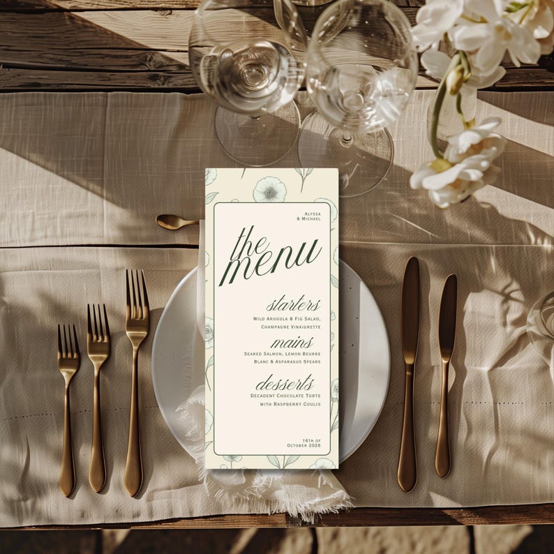Old Money Wedding Menu & Drinks Menu Template | Elegant Olive and Cream ...