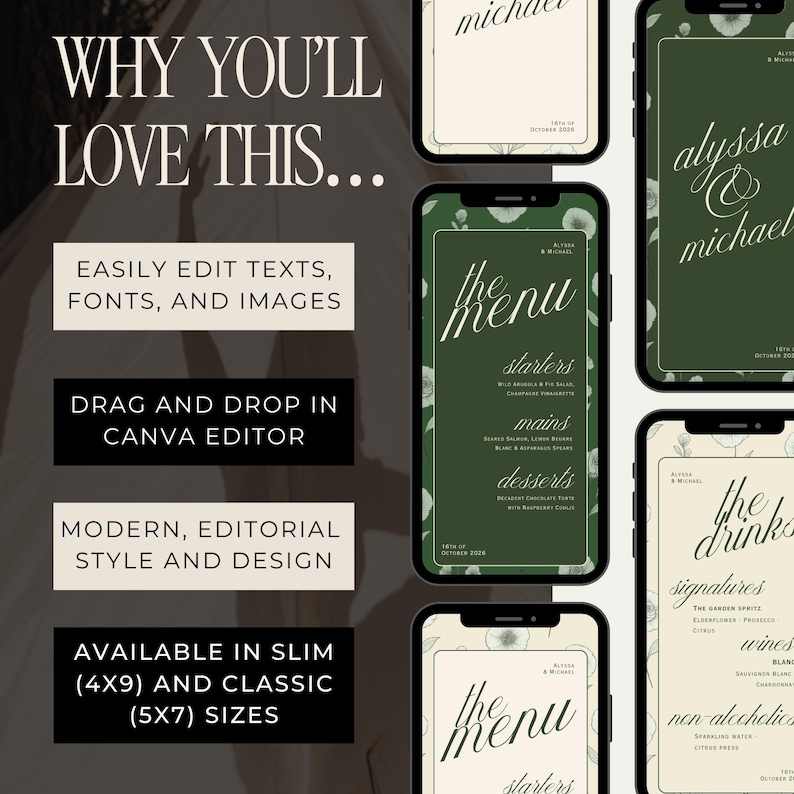 Old Money Wedding Menu & Drinks Menu Template | Elegant Olive and Cream ...