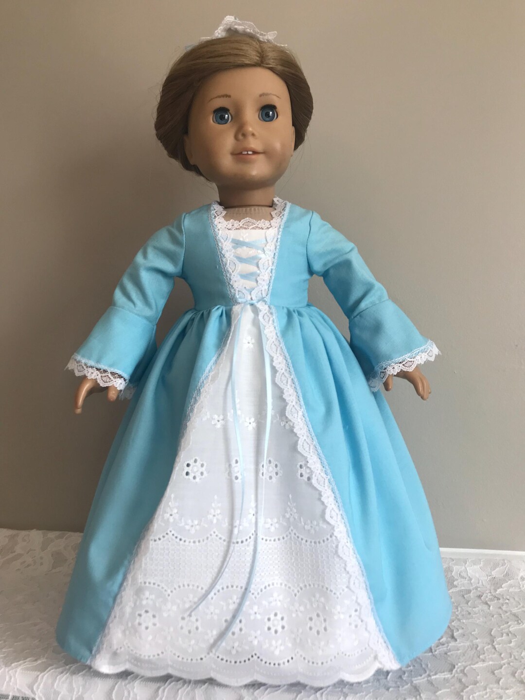 Colonial Soft Blue and White Eyelet Cotton Evening Dress and Pinner Cap ...