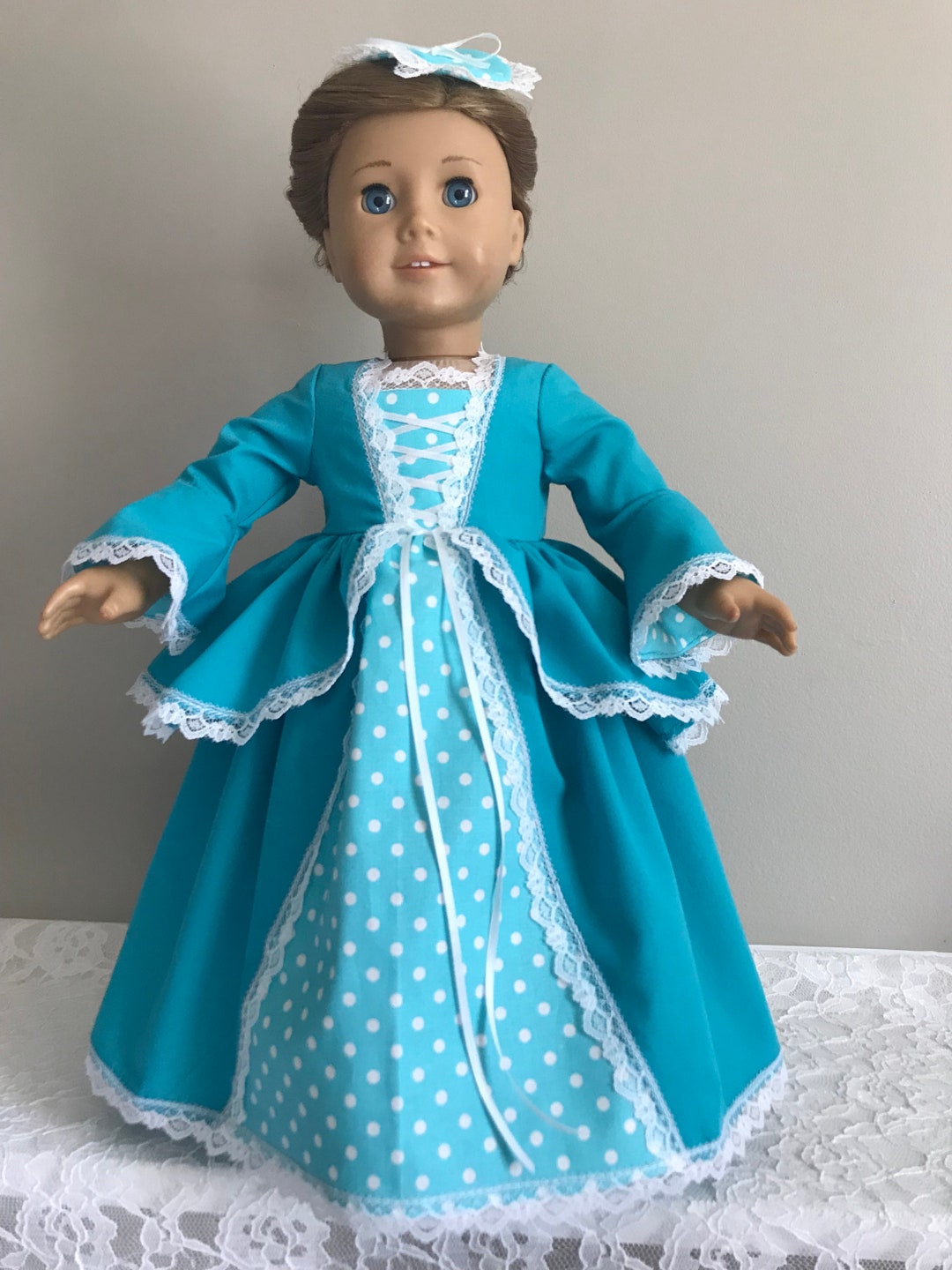 Colonial Teal and Polka Dot Cotton Evening Dress and Pinner Cap for AG ...