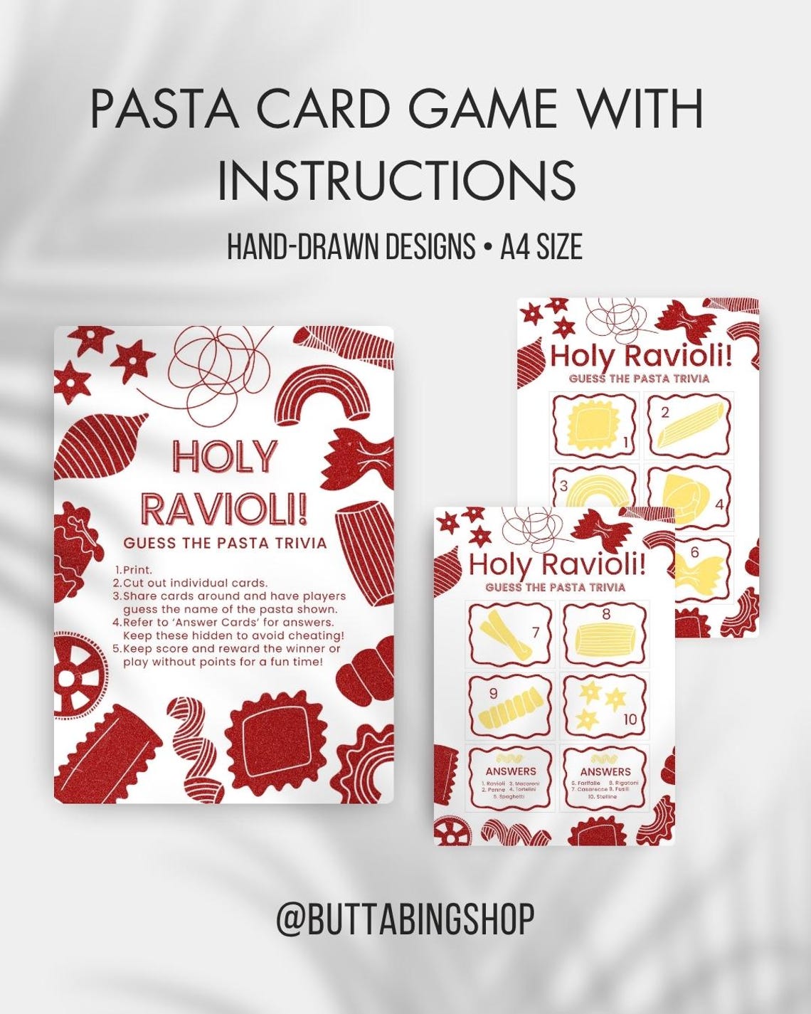 Italian Pasta Party Trivia Game: Printable Cutout Cards (digital ...