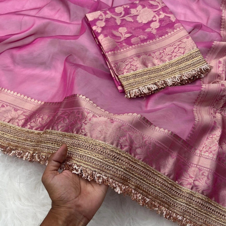 Banarasi Tissue Silk Saree: Red Zari Woven Floral Border, Wedding Lace ...